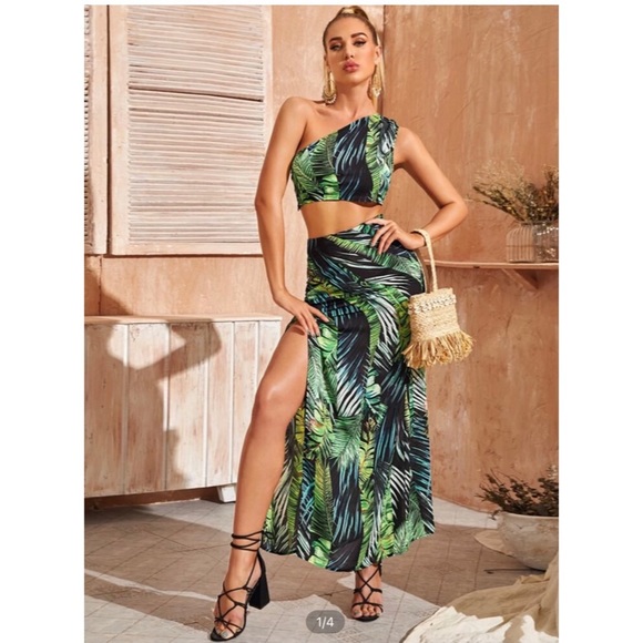 SHEIN | Skirts | Tropical Print Shoulder Top High Split Skirt | Poshmark